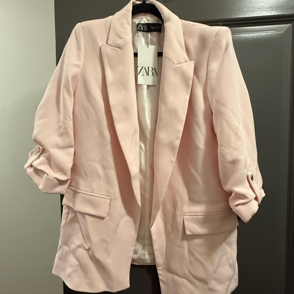 Zara | Jackets & Coats | Zara Pink Blazer With Ruched Sleeves And ...